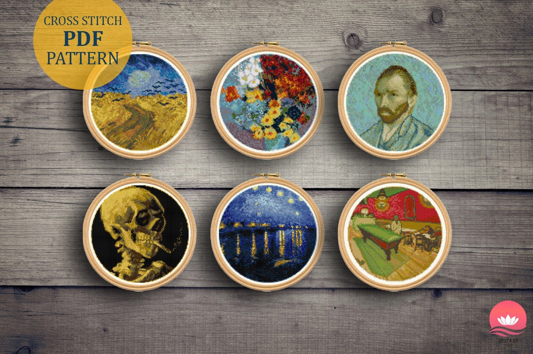 6 Van Gogh Cross Stitch Patterns Set. Wheatfield With Cross Starry ...