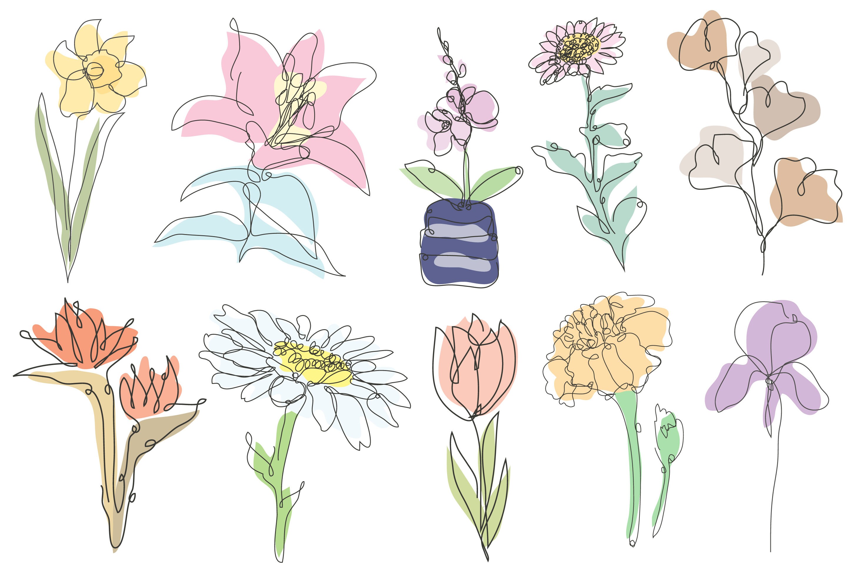 71 Flowers Digital Clipart. Minimalist Art. Planner Fabric - Etsy