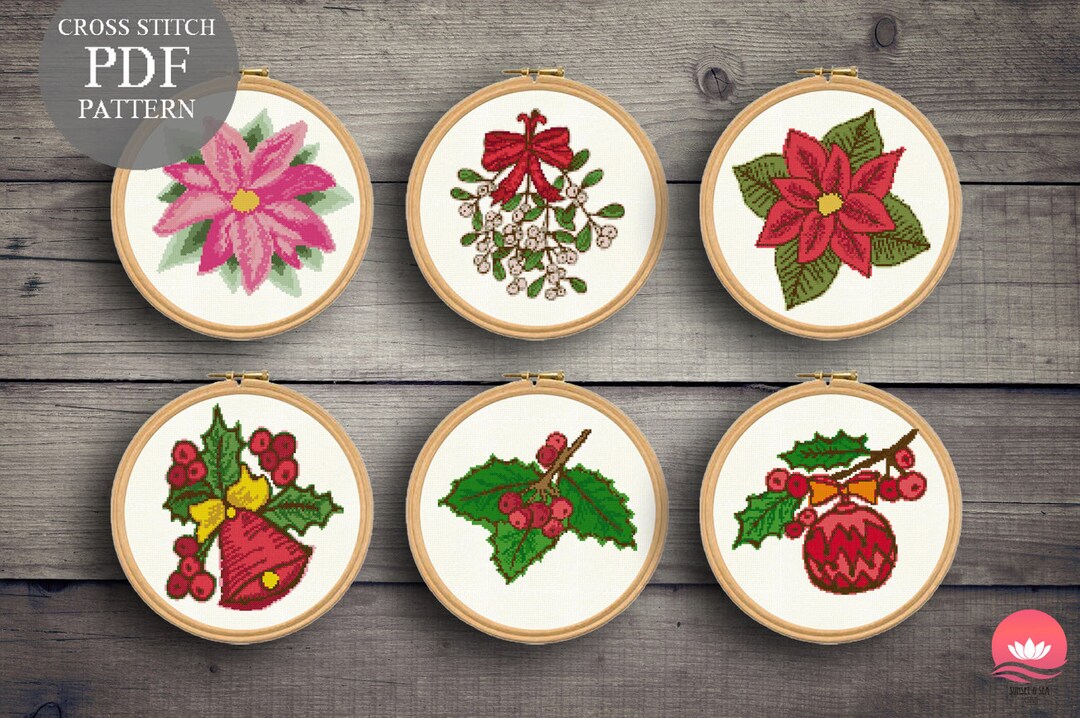 6 Holly Berry Mistletoe Cross Stitch Patterns Set. Christmas Cross ...