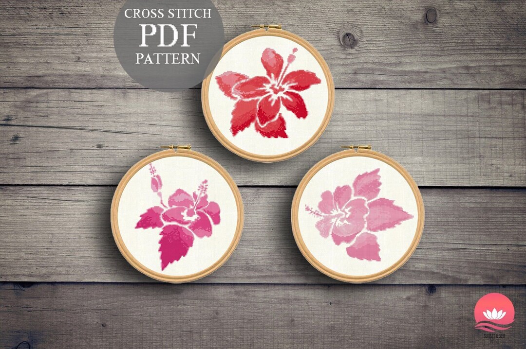 3 Hibiscus Flowers Cross Stitch Patterns Set. Watercolor Counted Stitch ...