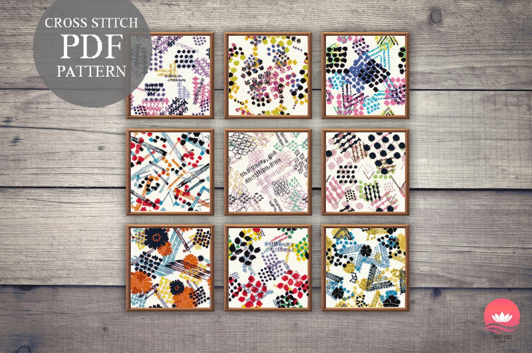9 Grunge Texture Cross Stitch Patterns Set. Abstract Boho Cross Stitch ...