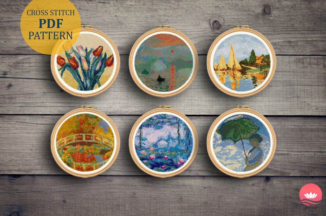 6 Claude Monet Cross Stitch Patterns Set. Impression Sunrise Cross ...