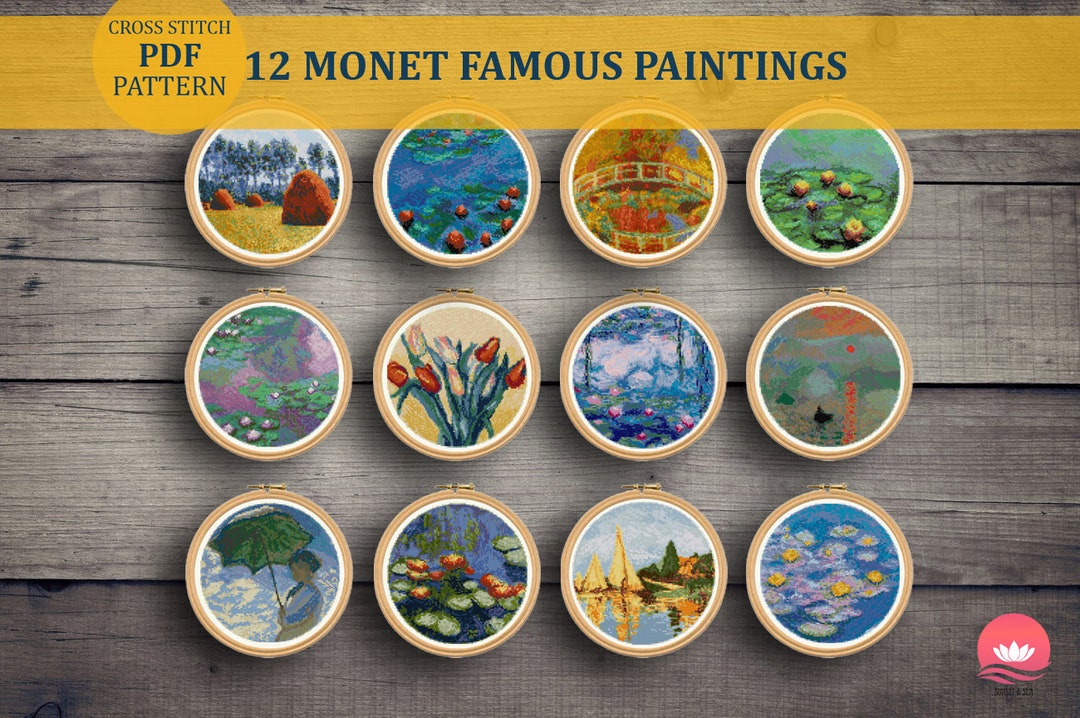 12 Claude Monet Cross Stitch Patterns Set. Impression Sunrise Cross ...