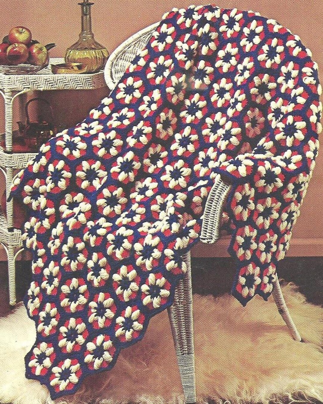 VINTAGE Daisy Hexagon Afghan, Daisy Dell Afghan, Vintage Hexagon Daisy ...