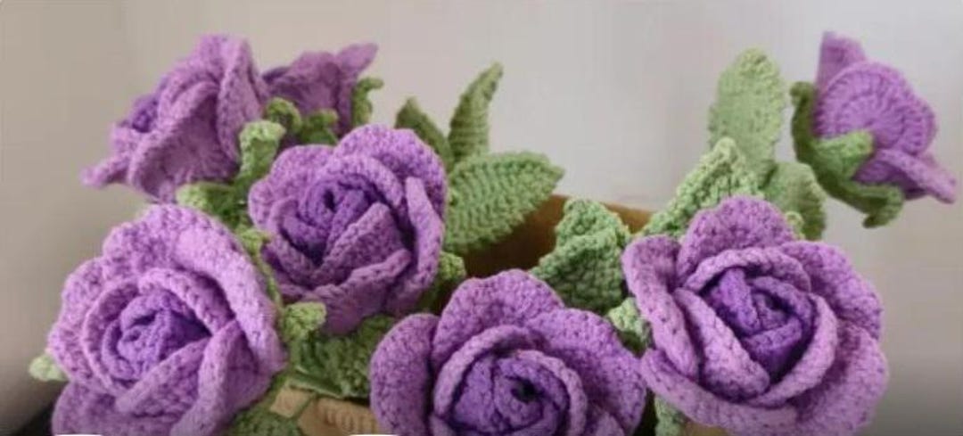 Crochet Rose on Stem, Tea Rose With 12 Petals, Crochet English Rose ...
