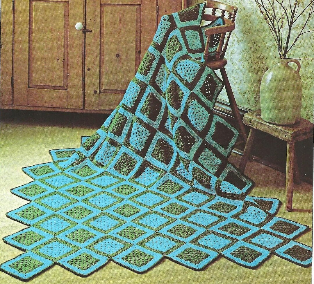 Vintage Crochet Blue Diamond Afghan Pattern, Crochet Granny Square ...