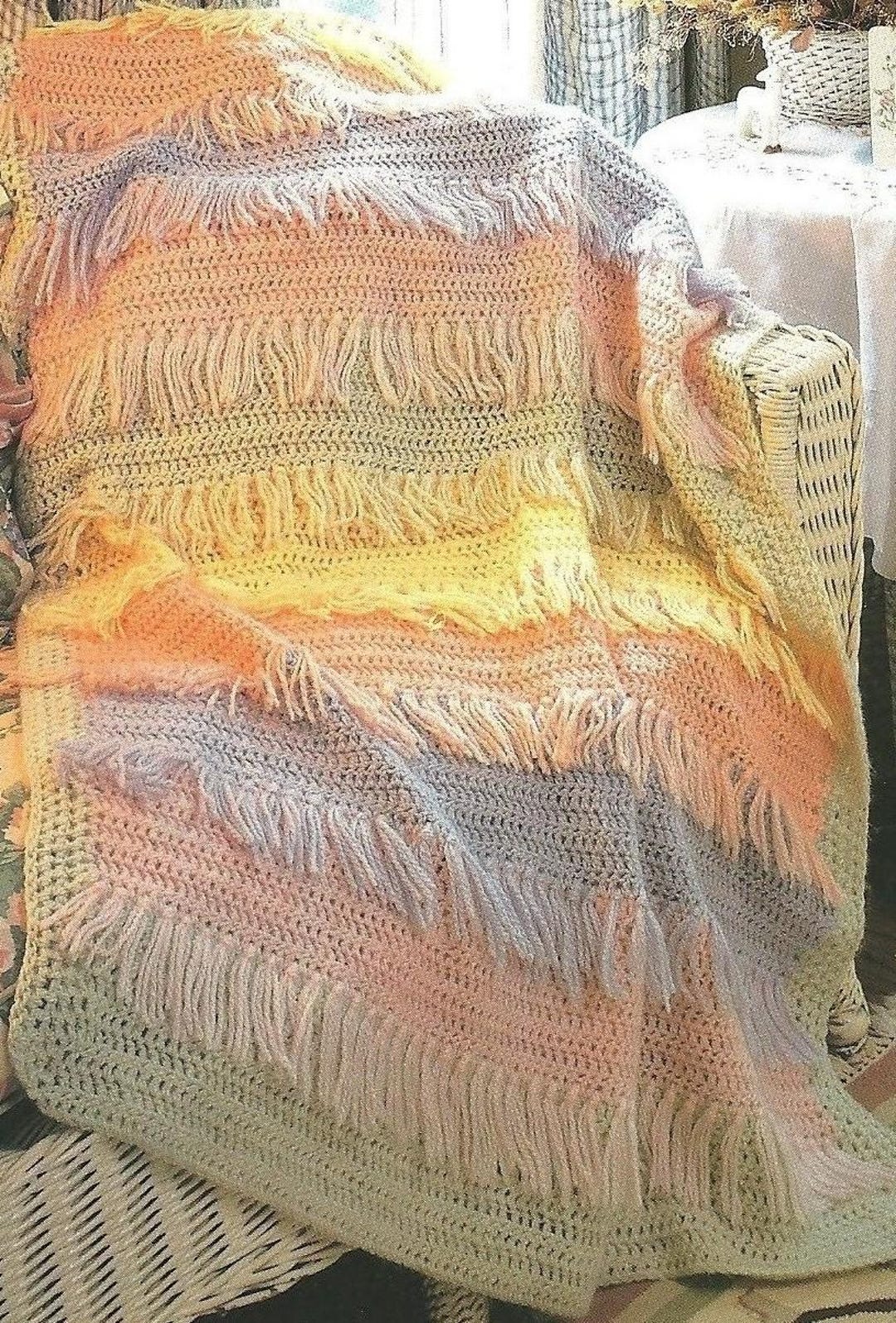 VINTAGE Crochet Fringed Rainbow Afghan, Crochet Fringed Afghan Pattern ...