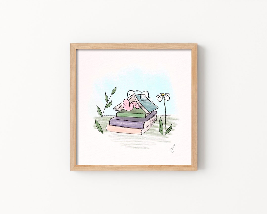 Bookworm Print - Original Illustration, Square Print, Affordable ...