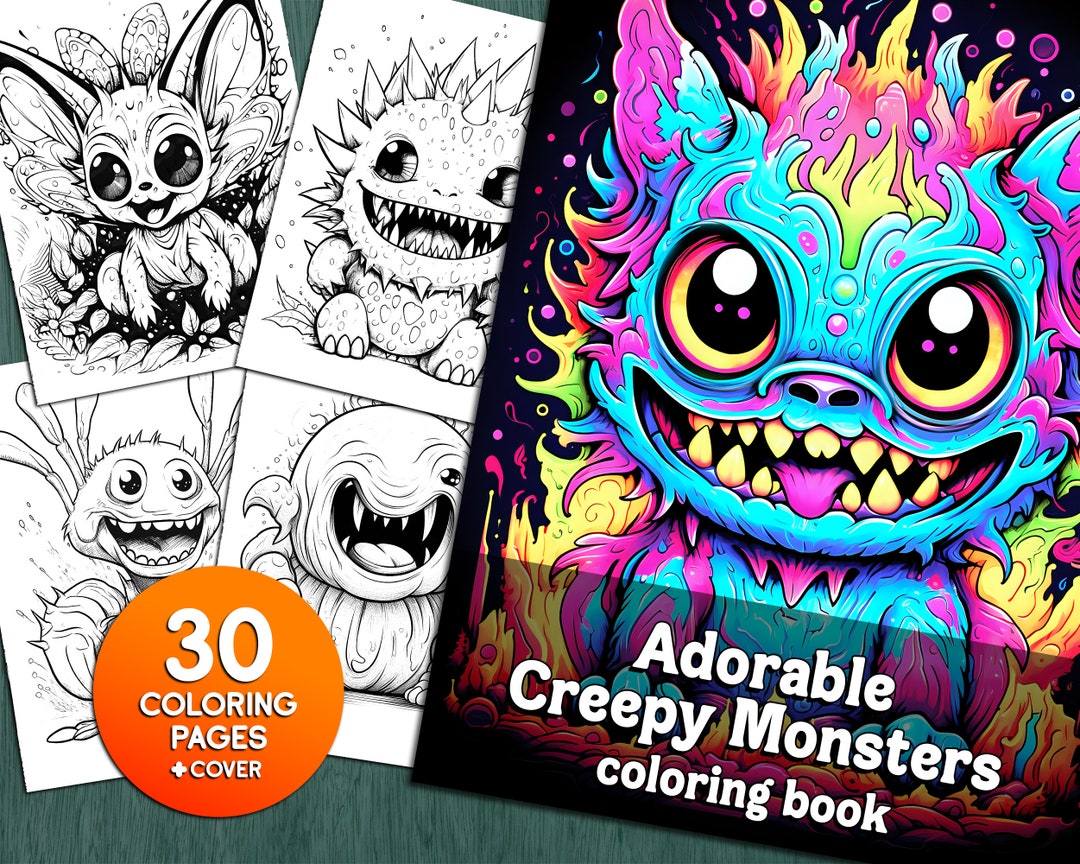 30 Adorable Creepy Monsters Coloring Pages Book, Cute Horror Adult ...