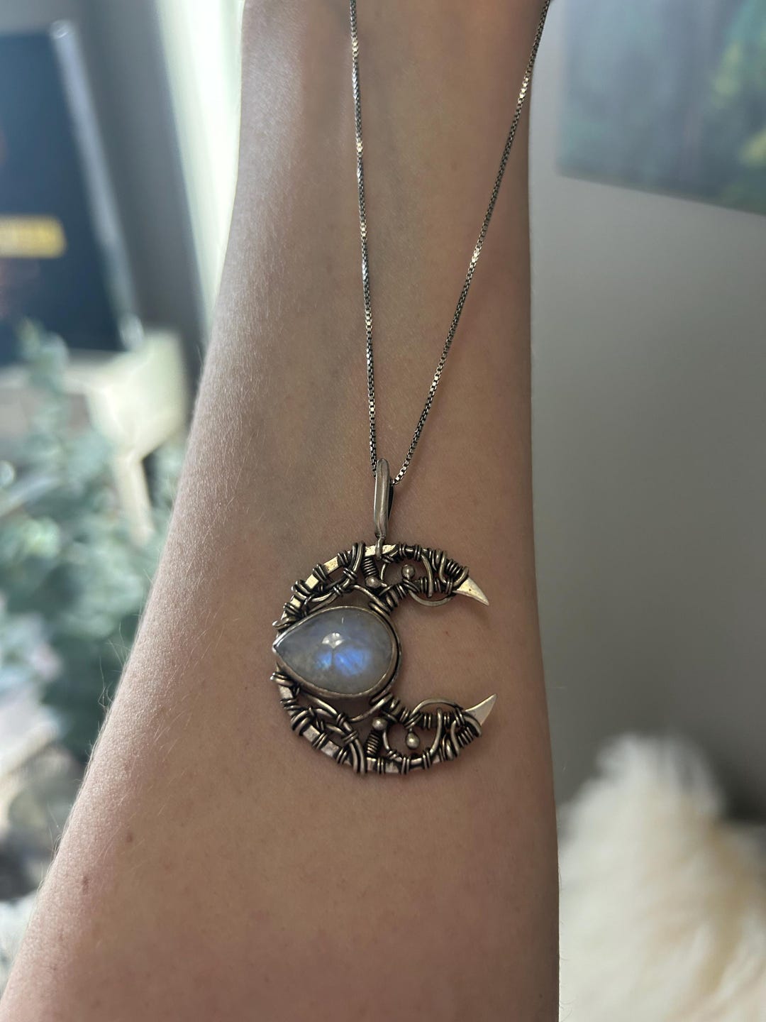 Wire Wrapped Crescent Moon Moonstone Sterling Silver Pendant - Etsy