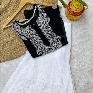 FREE INNER Handmade Lucknow Chikankari Georgette Chikan Long Kurti Full ...