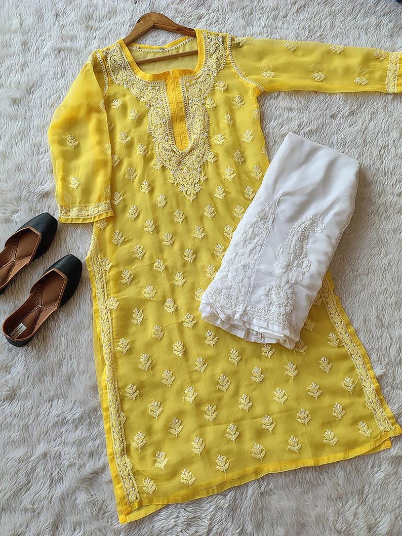 FREE INNER Yellow Handmade Lucknow Chikankari Georgette Chikan Long ...