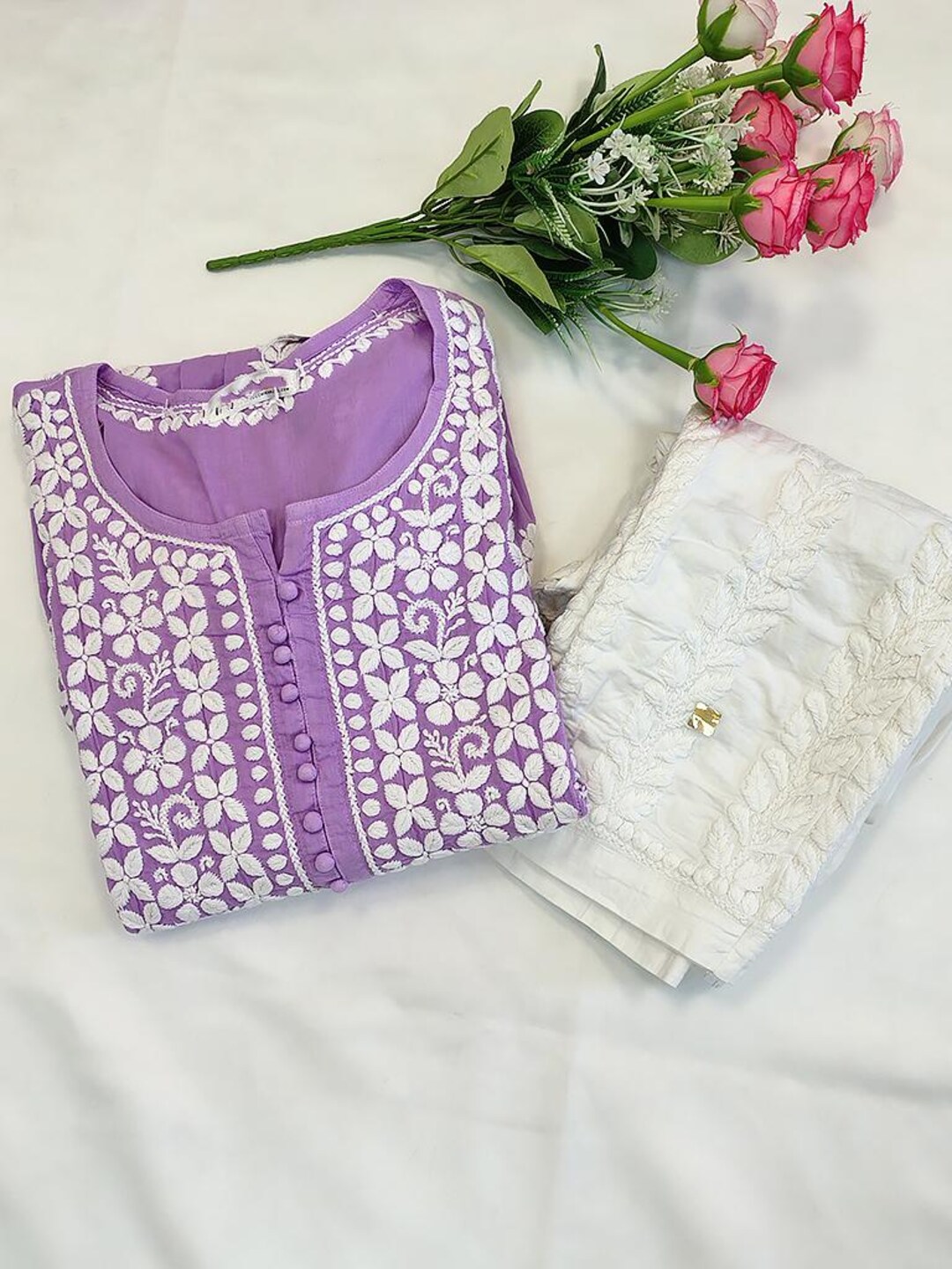 Lavender Cotton Chikankari Nyra Cut Straight Kurta Pant Set Lucknowi Chikankari Ethnic Party ...
