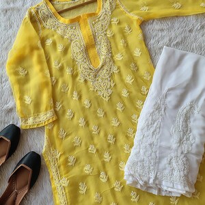 FREE INNER Yellow Handmade Lucknow Chikankari Georgette Chikan Long ...