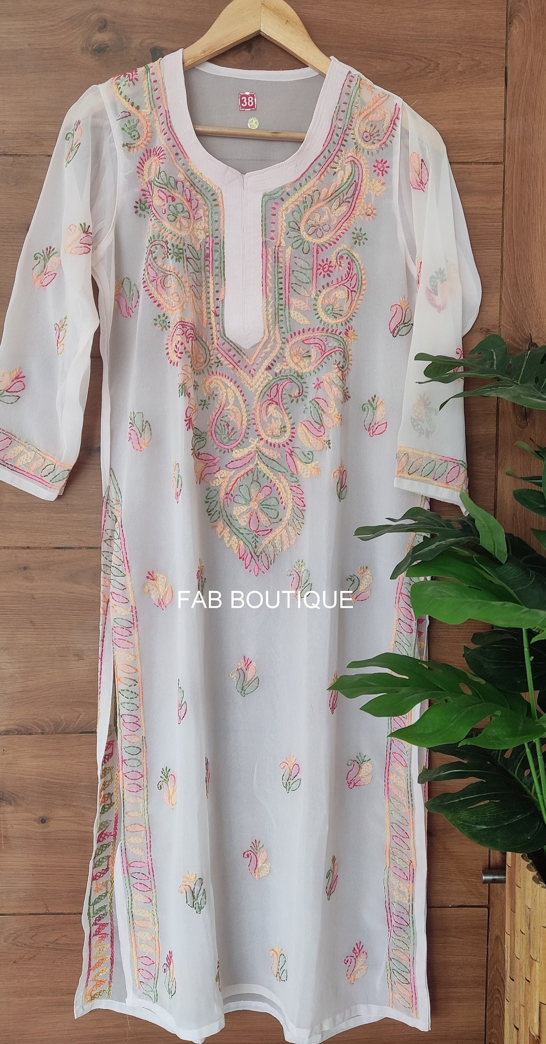 FREE INNER Handmade Lucknow Chikankari Georgette Chikan Long Kurti Full ...