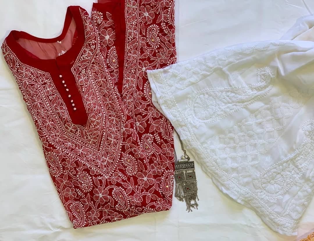 Handmade Lucknow Chikankari Kurti Sharara Set: White Embroidered ...