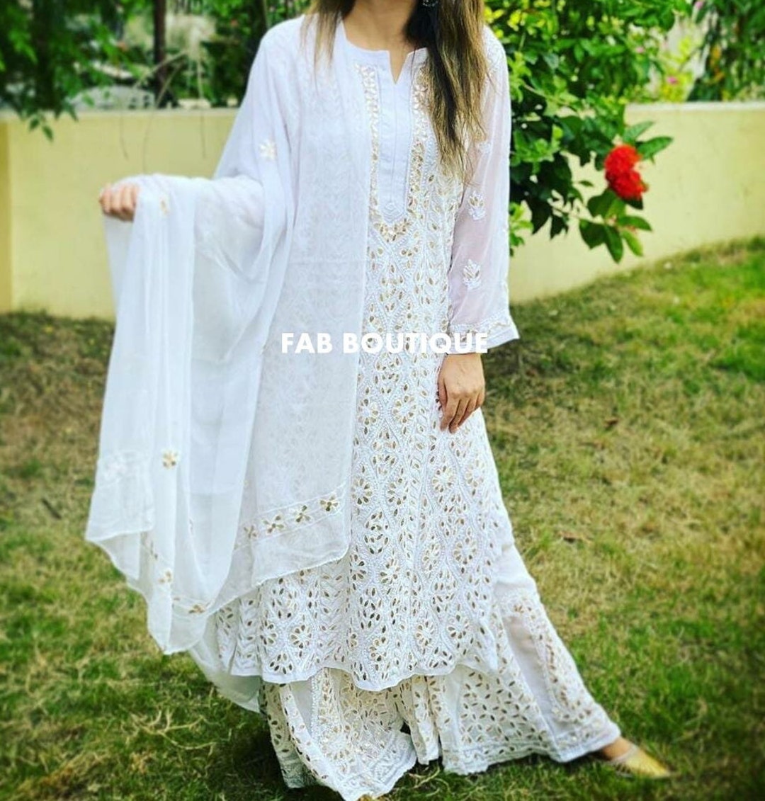 Free Inner Women Handmade White Gota Patti Chikankari Kurta Sharara Set ...