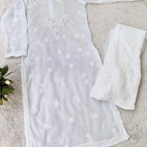 FREE INNER Handmade Lucknow Chikankari Georgette Chikan Long Kurti Full ...