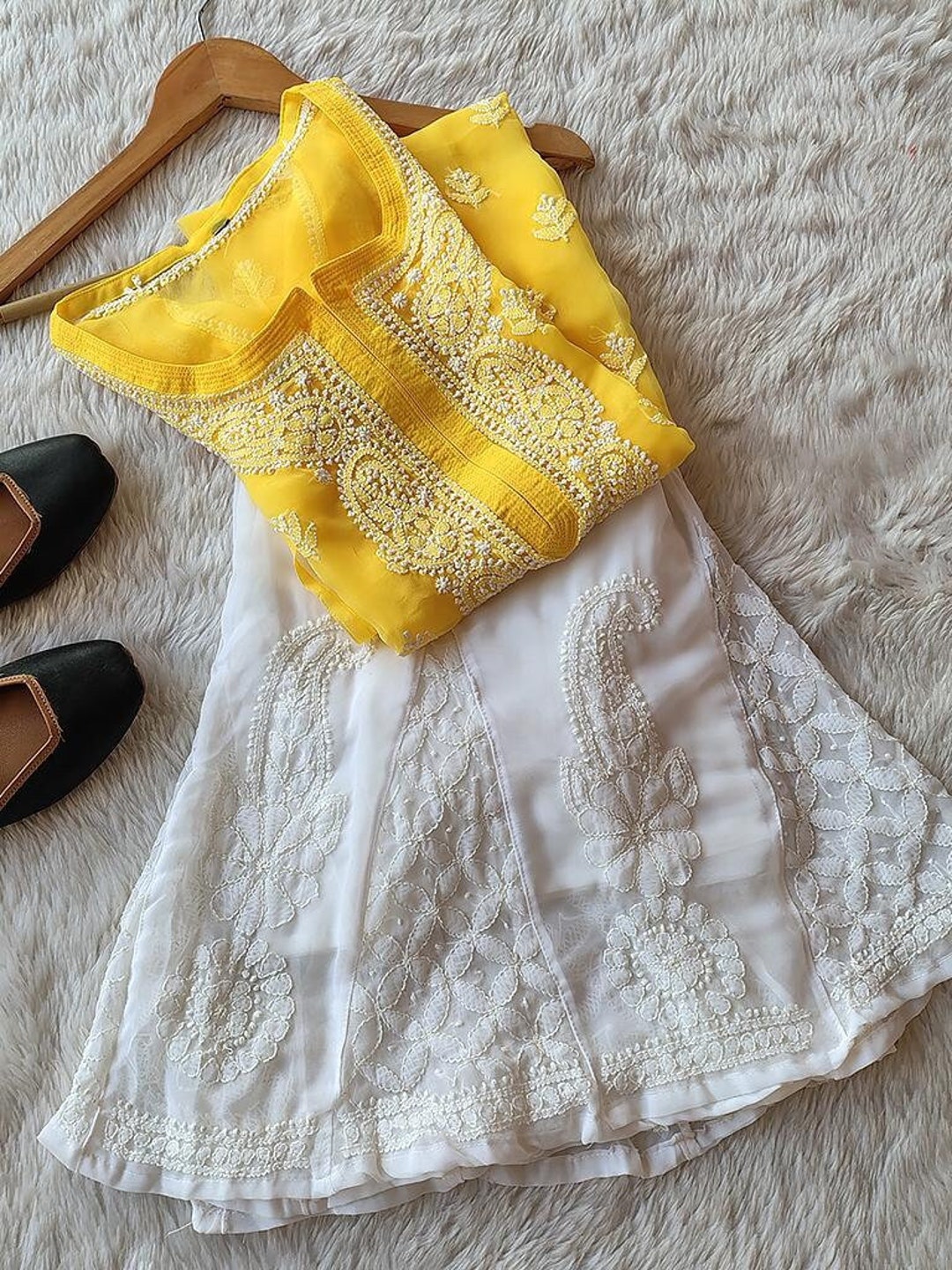 FREE INNER Yellow Handmade Lucknow Chikankari Georgette Chikan Long ...