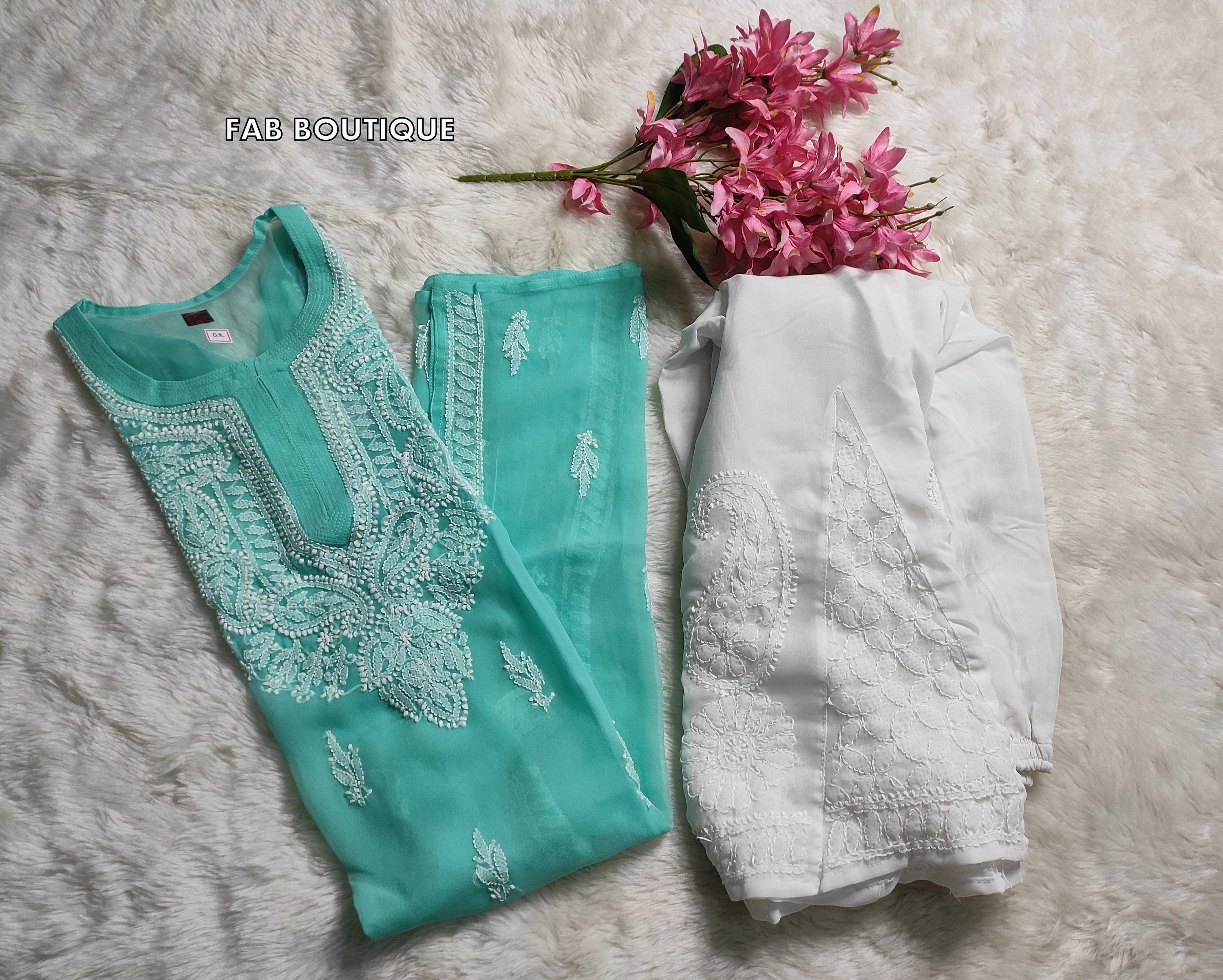 FREE INNER Handmade Lucknow Chikankari Georgette Chikan Long Kurti Full ...