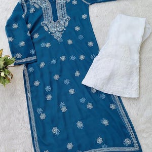 FREE INNER Handmade Lucknow Chikankari Georgette Chikan Long Kurti Full ...