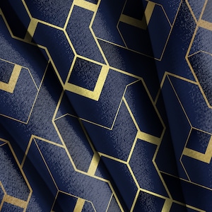 Art Deco Fabric, Navy and Gold Material, Geometric Textiles, Elegant ...