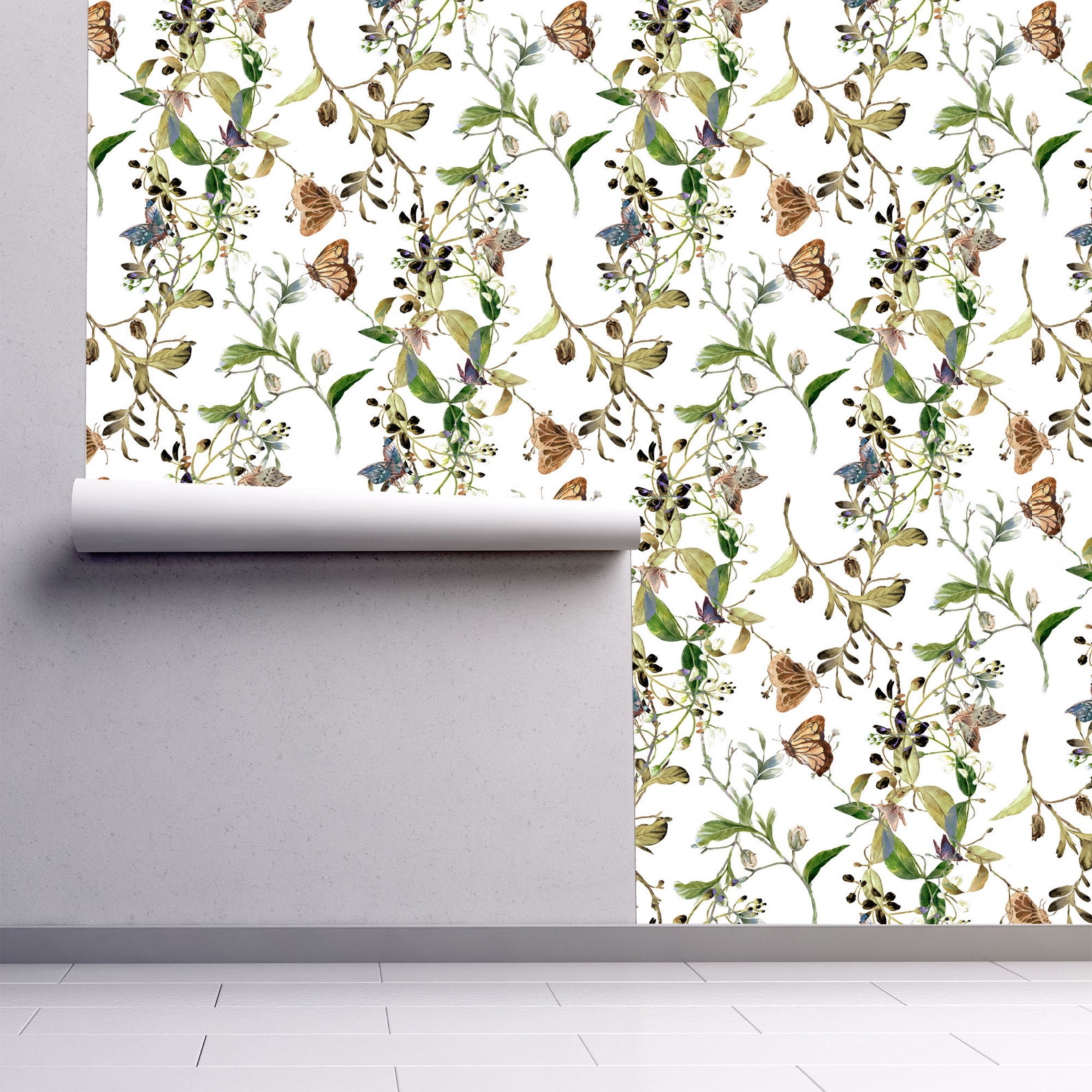 Butterfly Wallpaper Botanical Wallpaper Flower Garden - Etsy