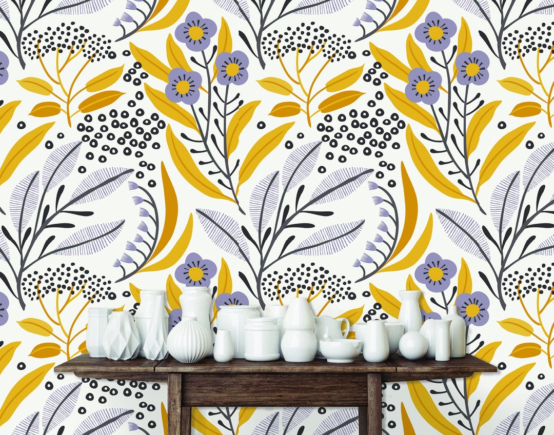 Botanical Wallpaper, Yellow Floral Wallpaper, Garden Wallpaper, Cottage ...