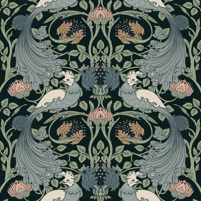 Victorian Fabric, Art Nouveau Material, Bird Textiles, Botanical Design ...