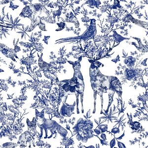 Toile Fabric, Victorian Material, Deer Textiles, Forest Design, Antique ...