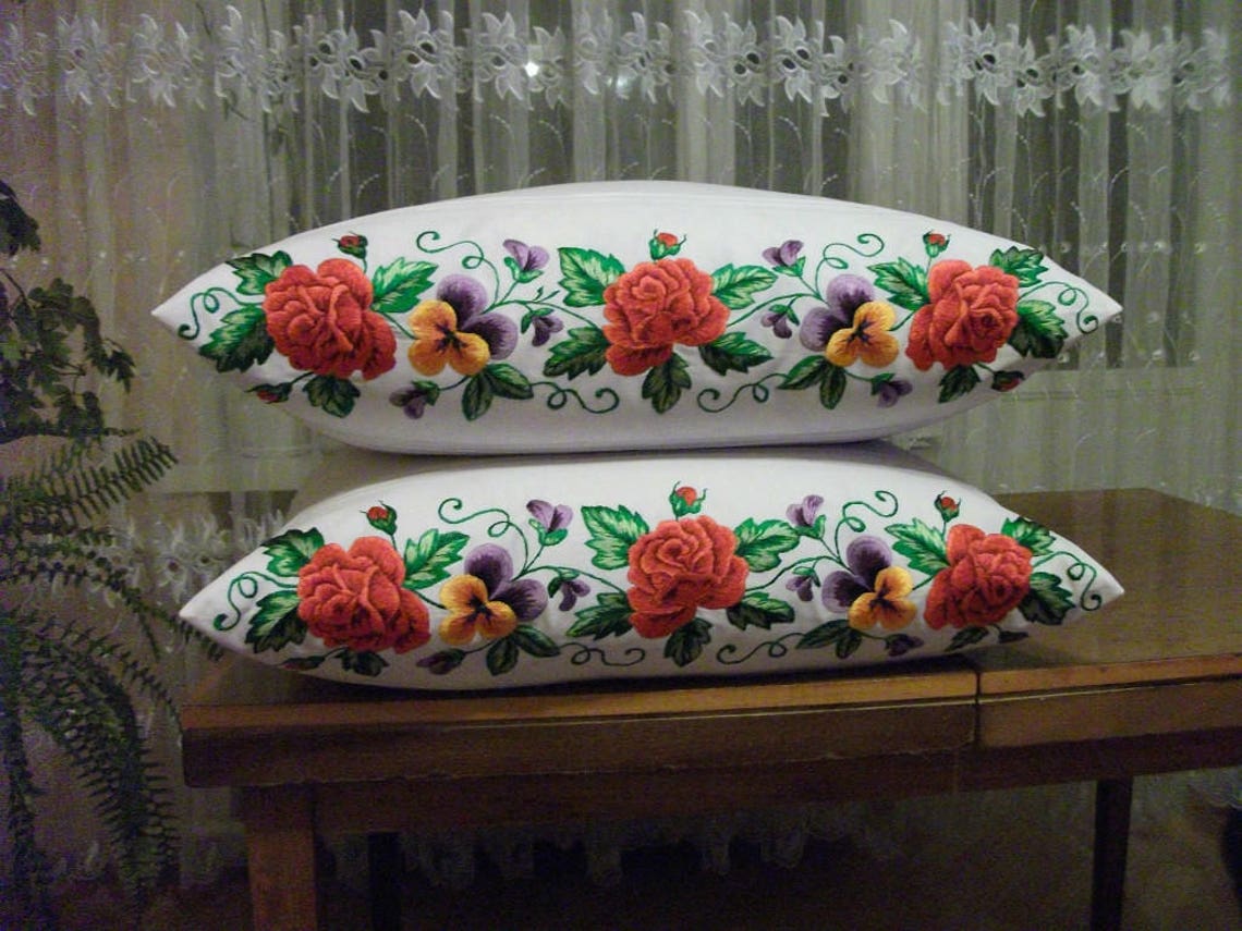 Hand embroidered pillowcases country style floral embroidery | Etsy