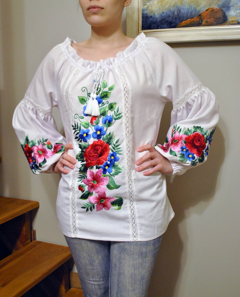 White Embroidered Shirt Hand Embroidered Blouse Flower Blouse - Etsy
