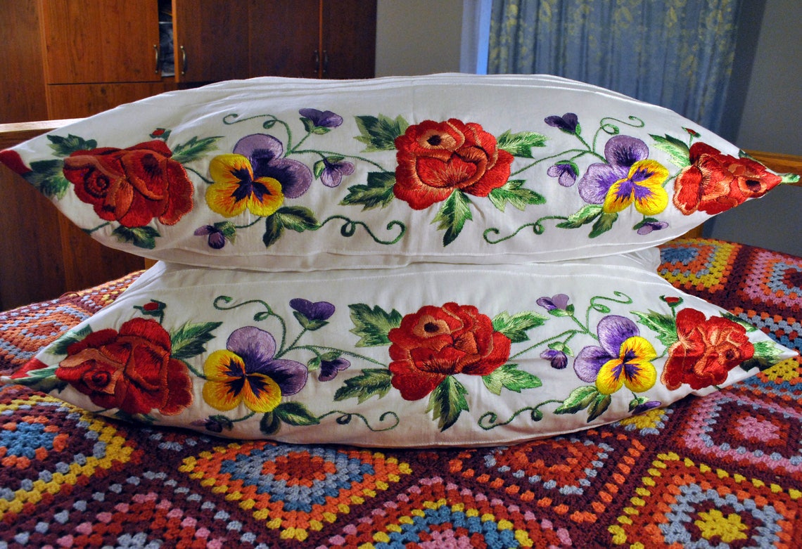 Hand embroidered pillowcases country style floral embroidery | Etsy