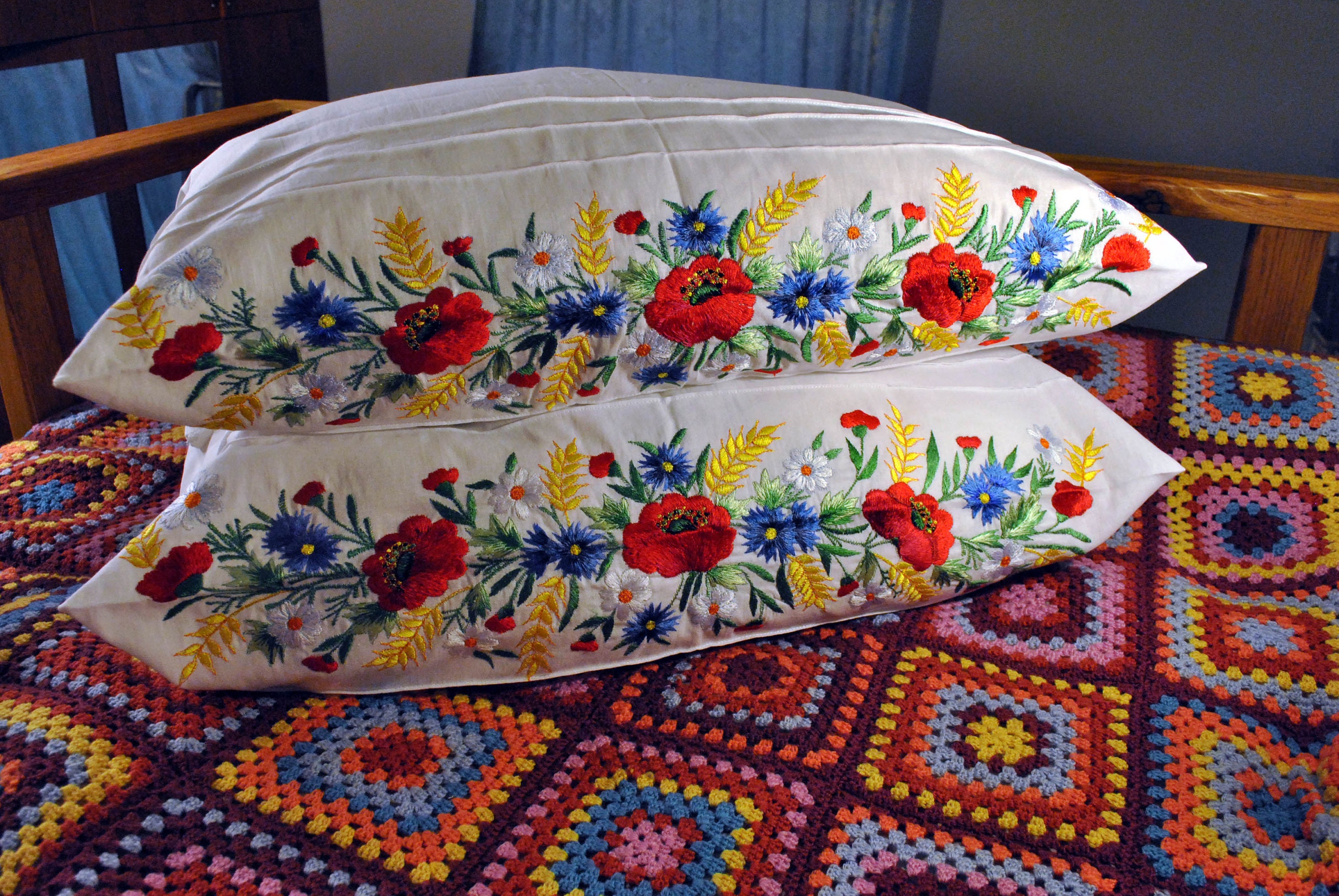 Hand Embroidered Pillow Organic Pillowcase Bright Flowers Bedroom Decor ...