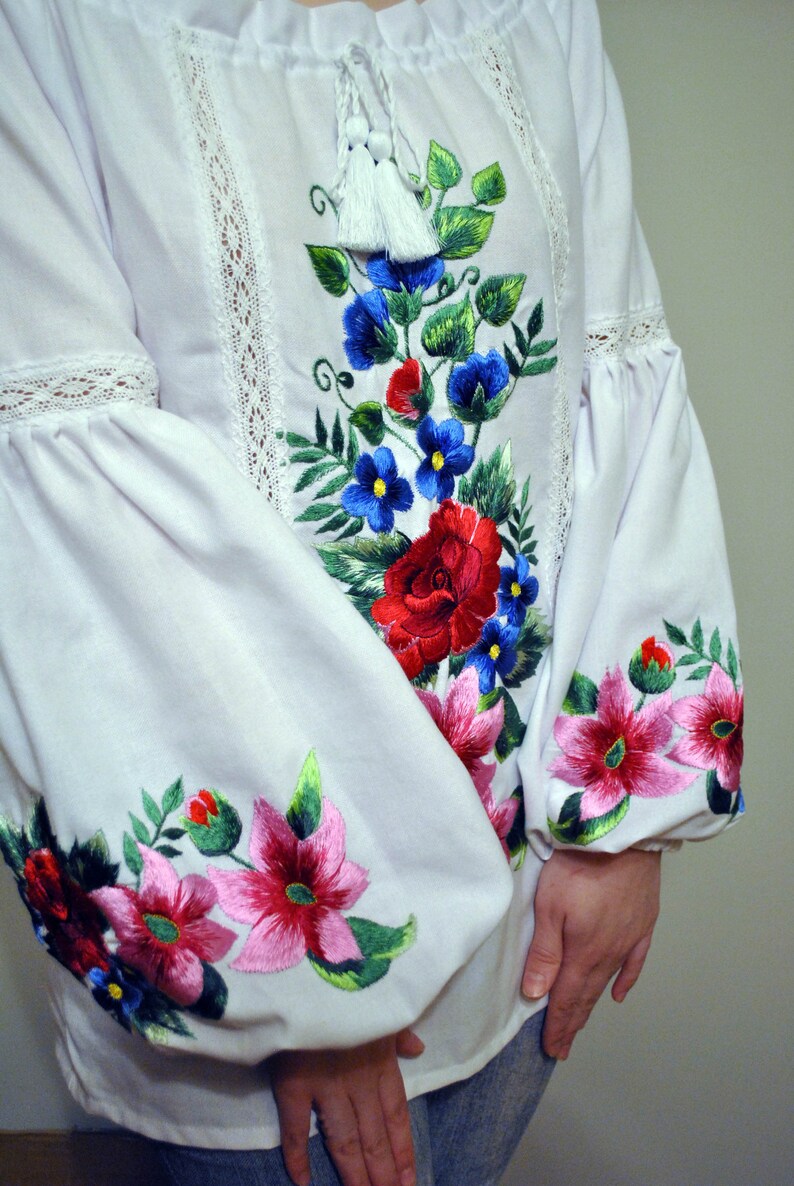 White Embroidered Shirt Hand Embroidered Blouse Flower Blouse - Etsy