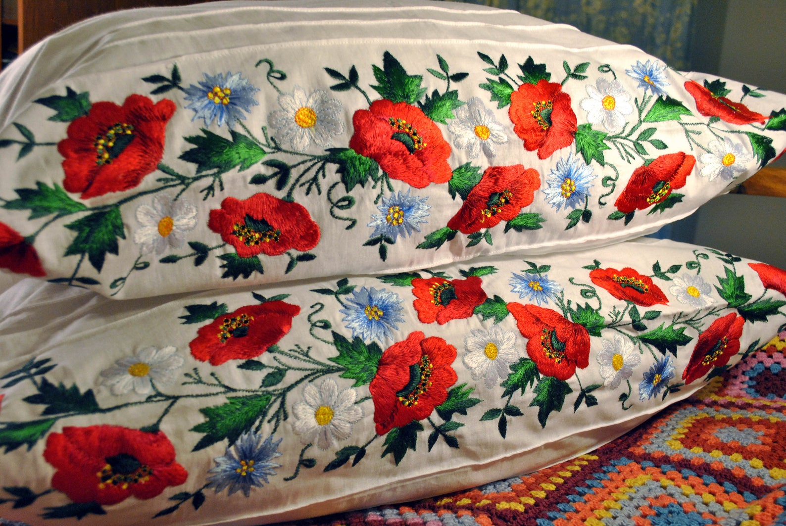 Poppies Hand Embroidered Pillowcases Hand Embroidered Pillows Cotton ...