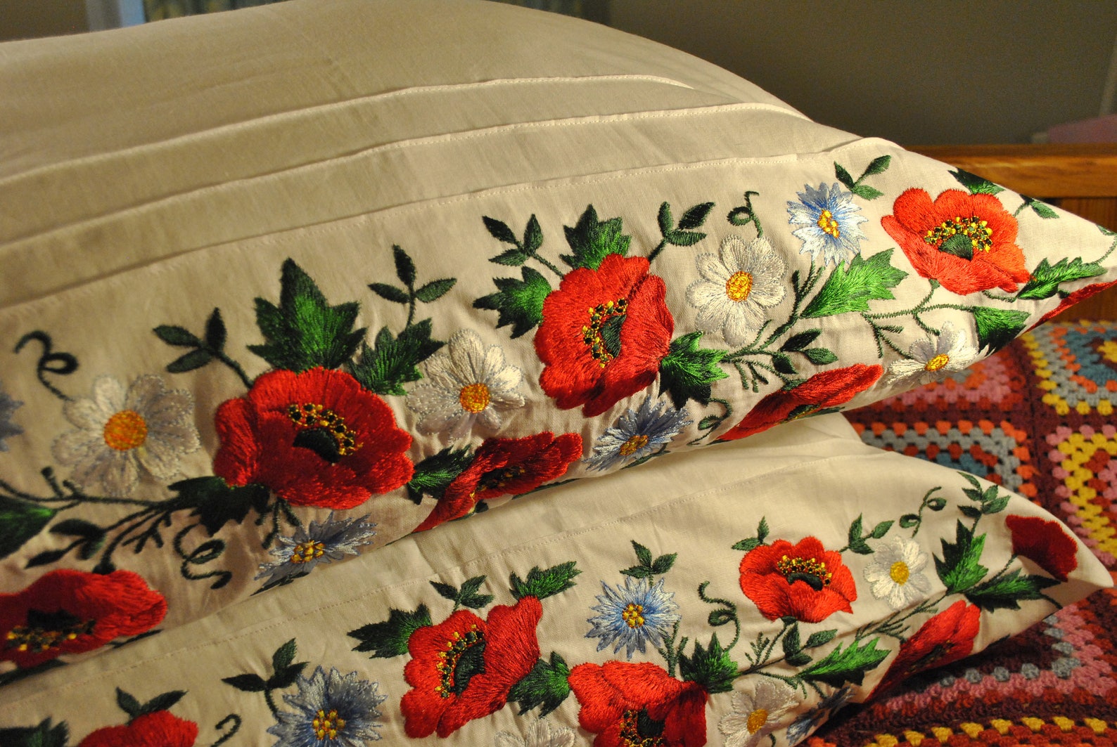Poppies Hand Embroidered Pillowcases Hand Embroidered Pillows Cotton ...