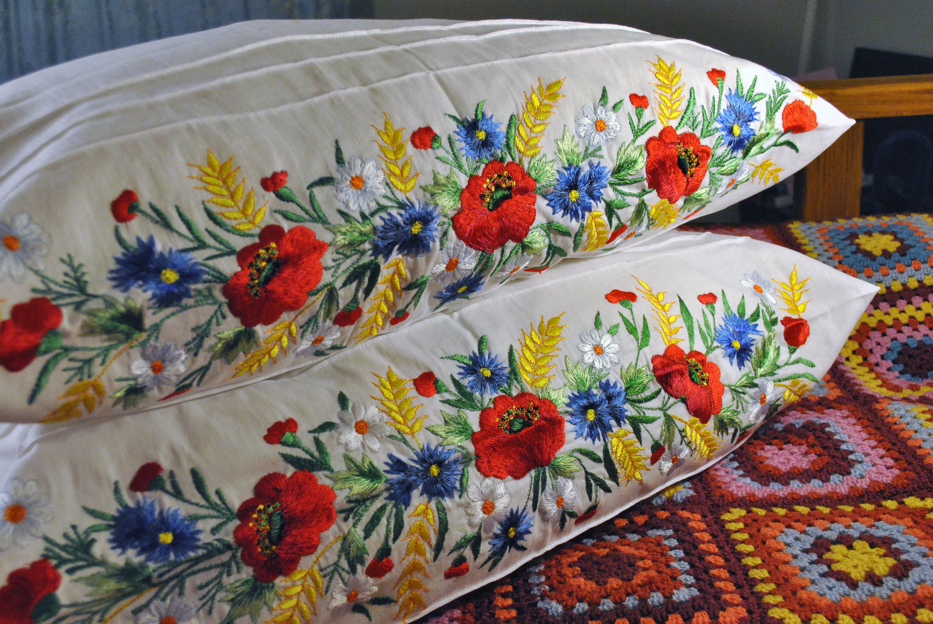 Hand Embroidered Pillow Organic Pillowcase Bright Flowers Bedroom Decor ...