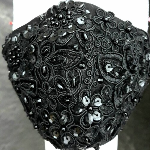 Black Beaded Lace Designer Fabric Mask With Filter Pocket | Etsy
