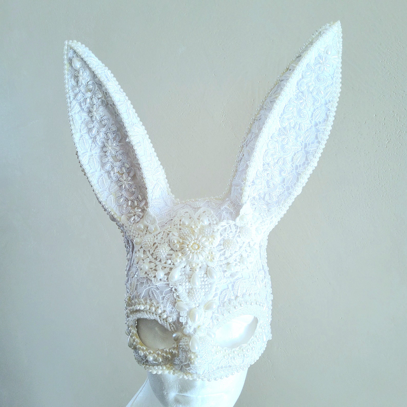 White Bunny Rabbit Burlesque Beaded Mask Snow Hare Lace Mask | Etsy