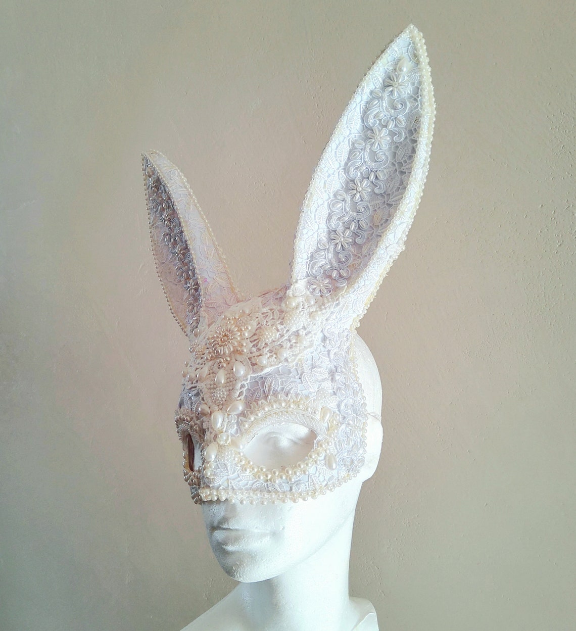 White Bunny Rabbit Burlesque Beaded Mask, Snow Hare Lace Mask, Carnival ...