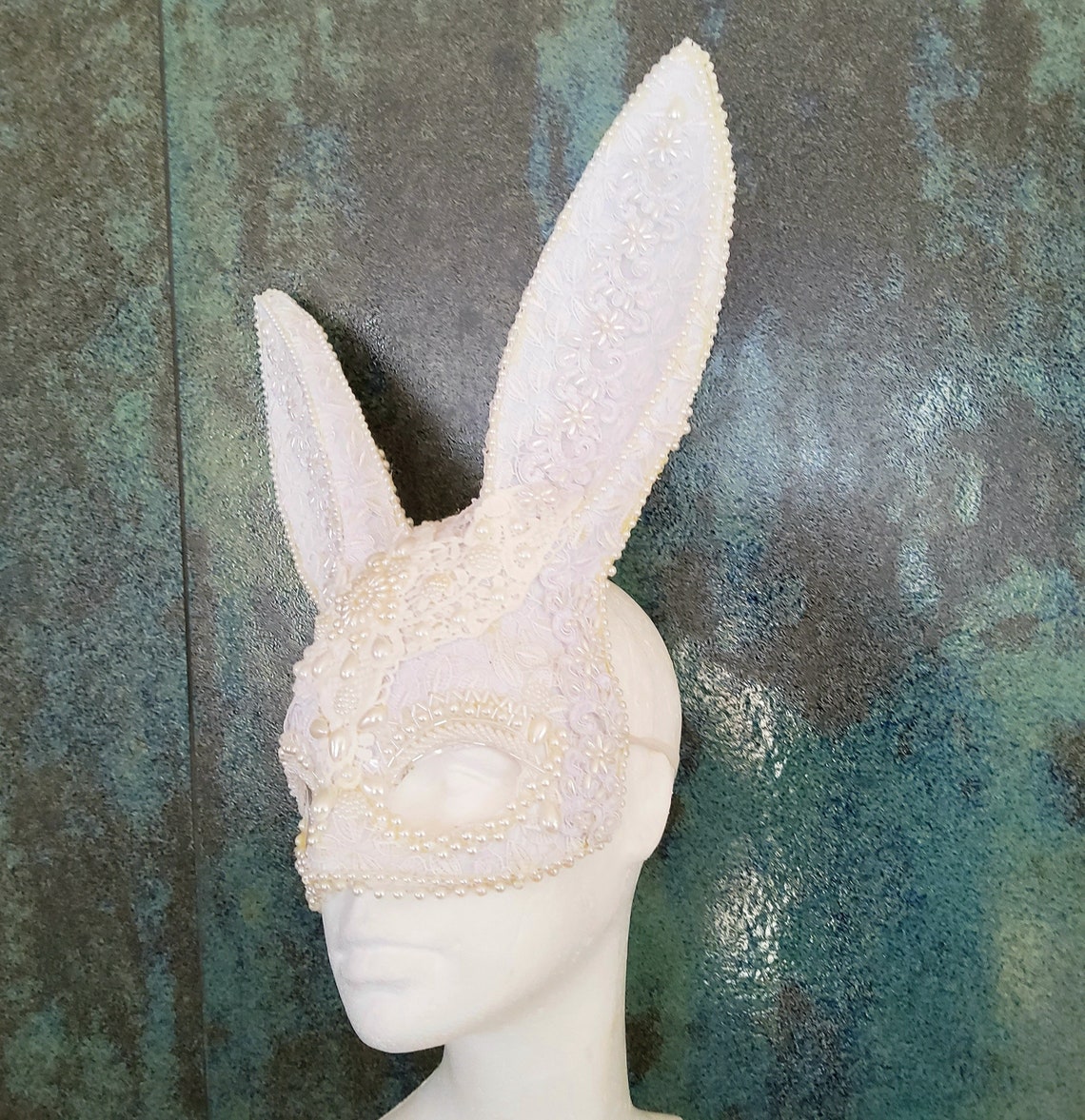 White Bunny Rabbit Burlesque Beaded Mask Snow Hare Lace Mask - Etsy
