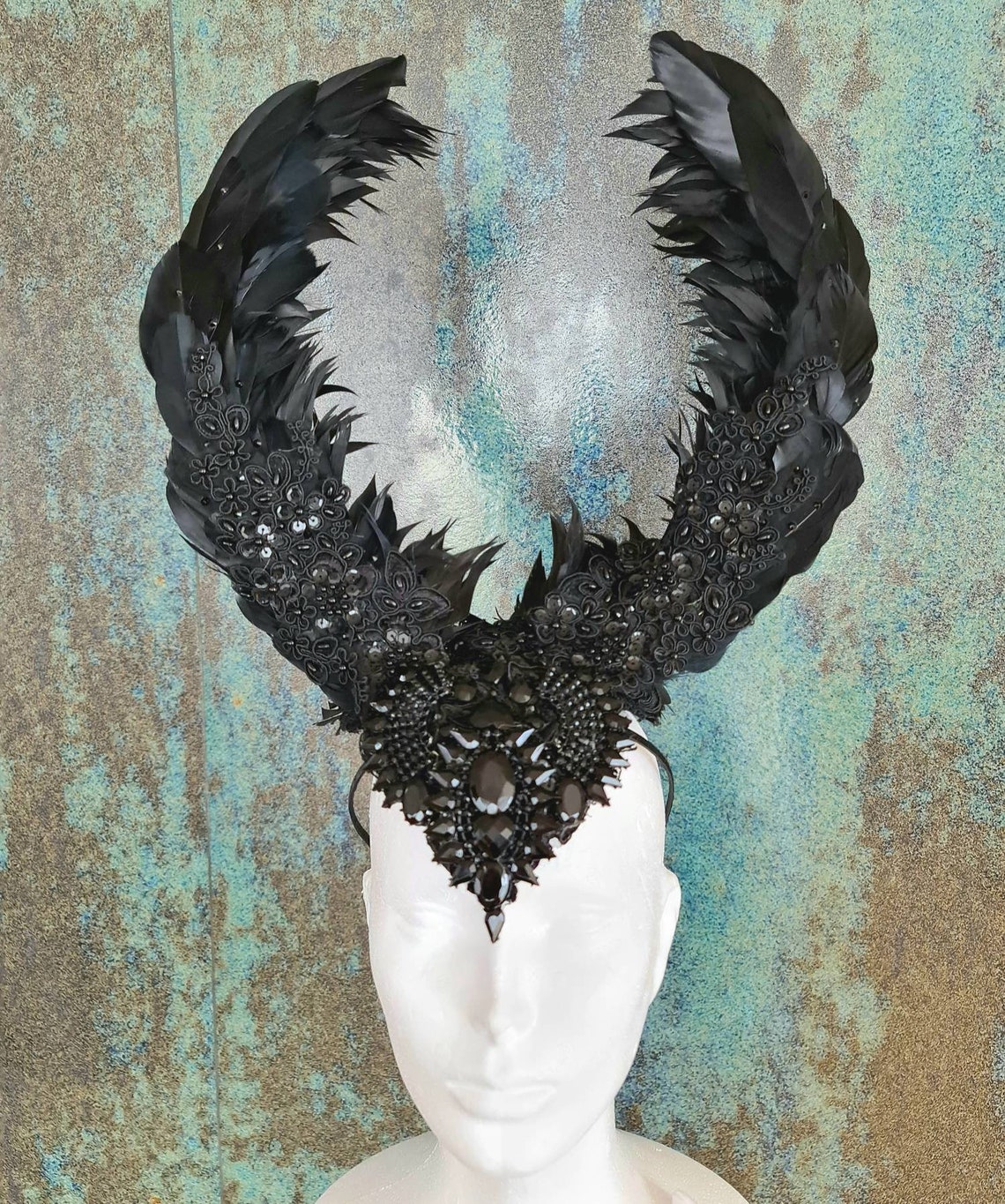 Black Feather Lace Horns Headdress , Witch's Wings Headpiece - Etsy