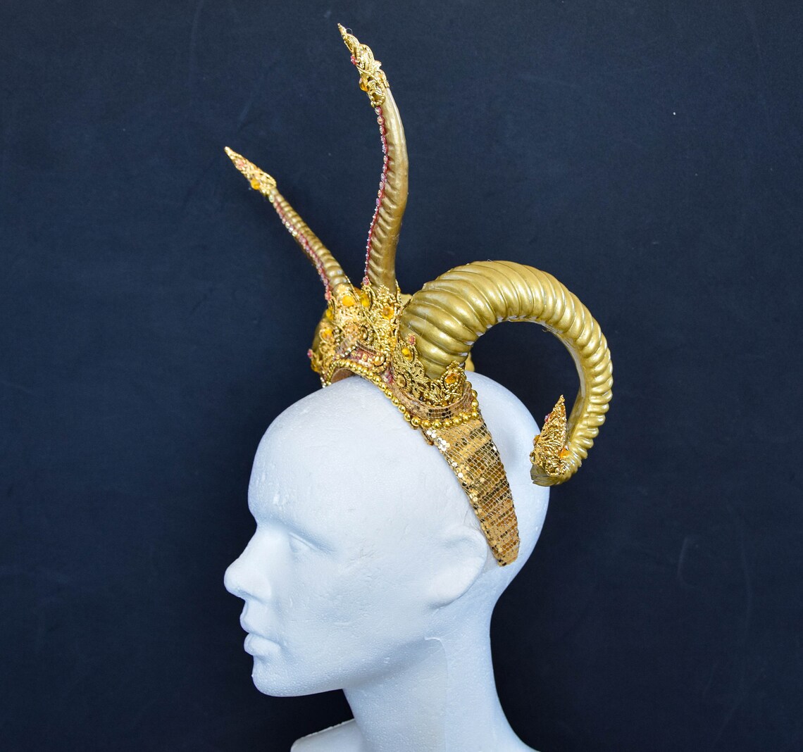 Gold Double Horns Gothic Fantasy Crown, Demon Queen Headdress, Witch ...