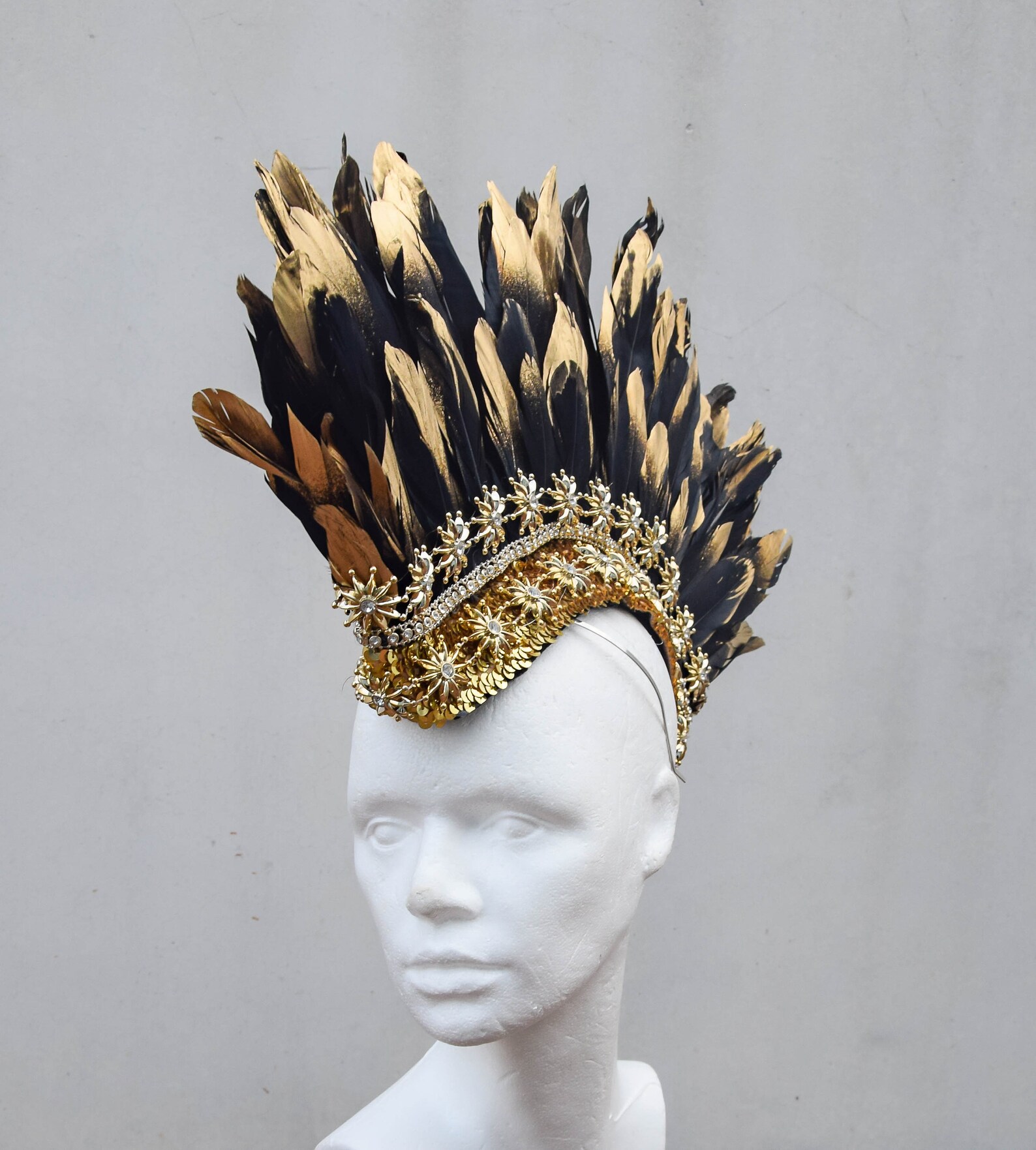 Men's Women's Feather Mohawk Headdress, Black Gold Festival Headpiece ...