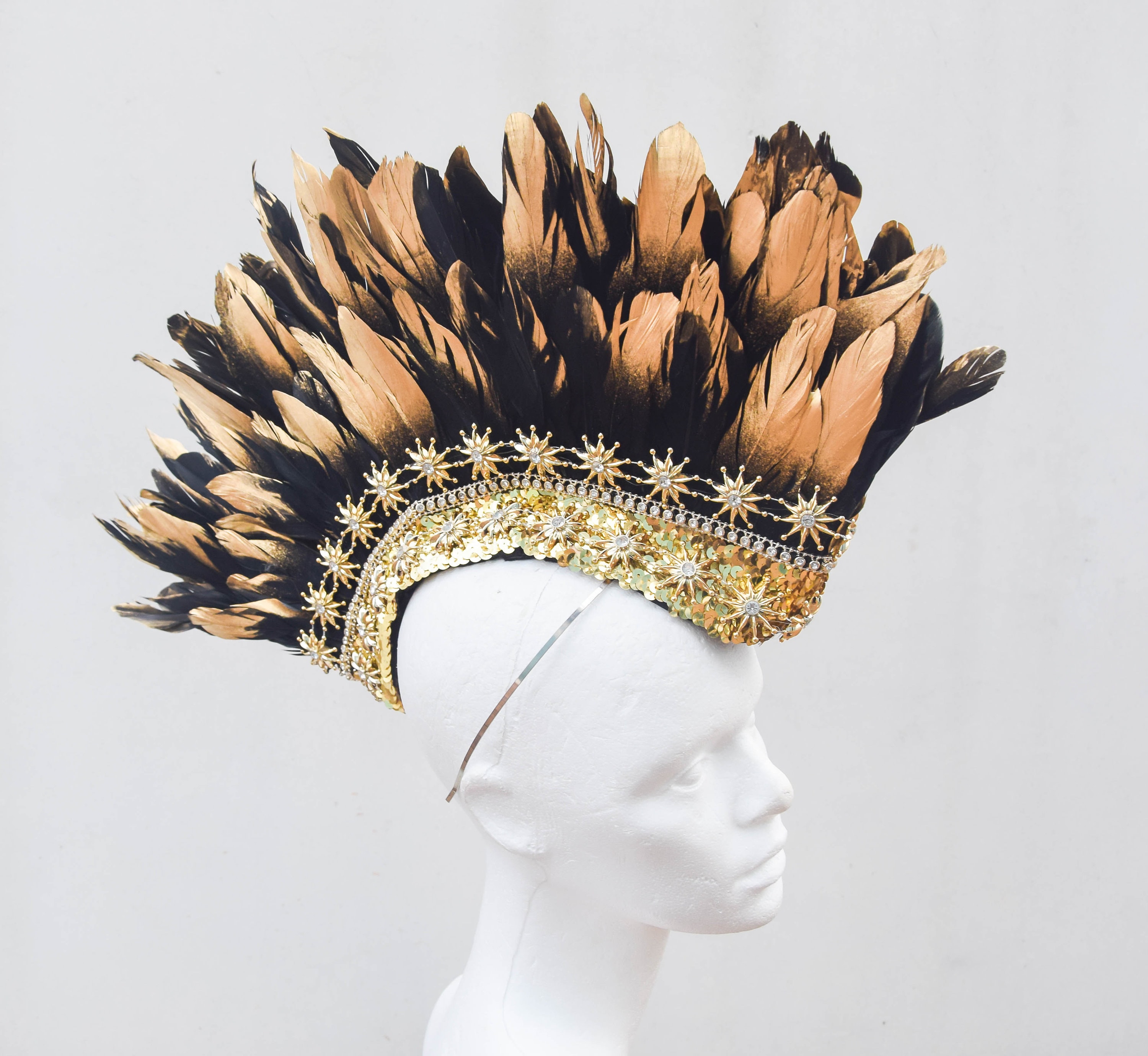 Men's Women's Feather Mohawk Headdress, Black Gold Festival Headpiece ...