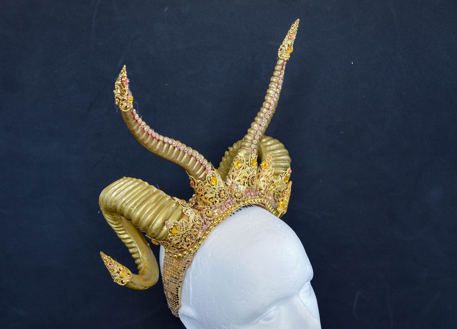 Gold Double Horns Gothic Fantasy Crown Demon Queen Headdress | Etsy