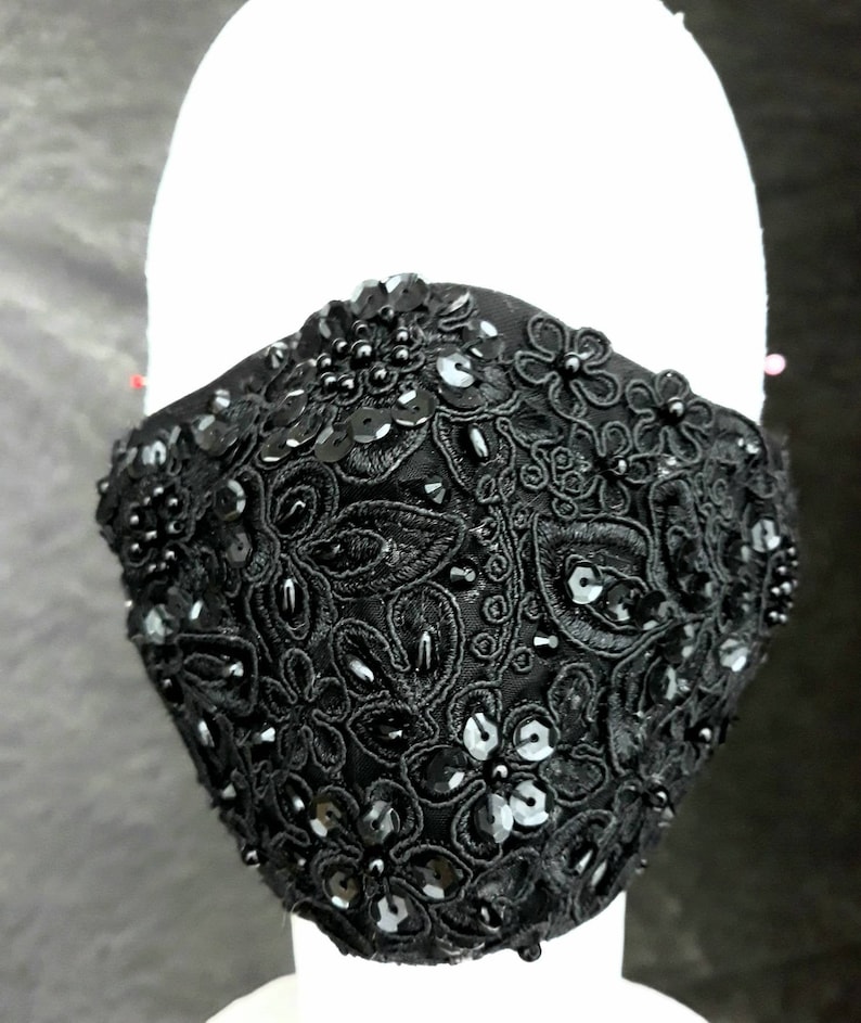 Black Beaded Lace Designer Fabric Mask With Filter Pocket | Etsy