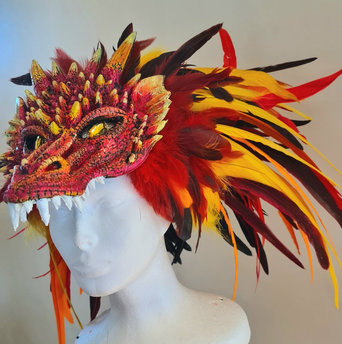 Fire Dragon Headpiece , Red and Yellow Dragon Feather Crown , Halloween ...