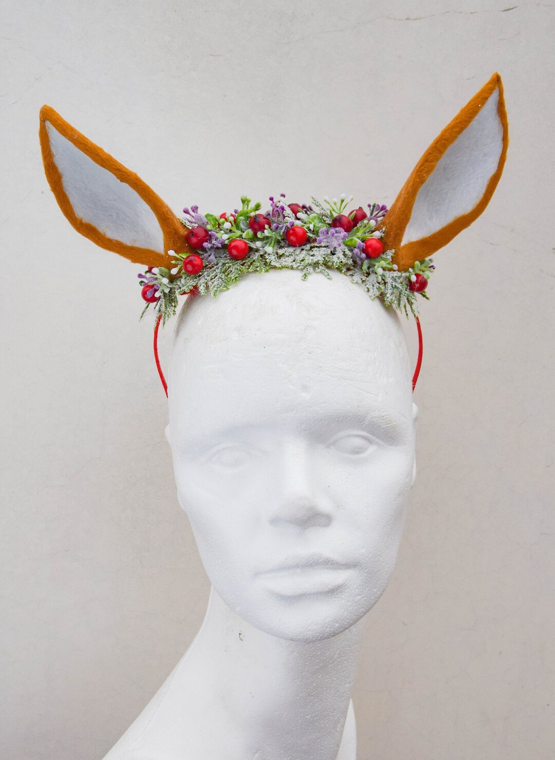 Christmas NYE Yule Headband, Winter Fawn Flower Berry Crown, Deer Ears ...